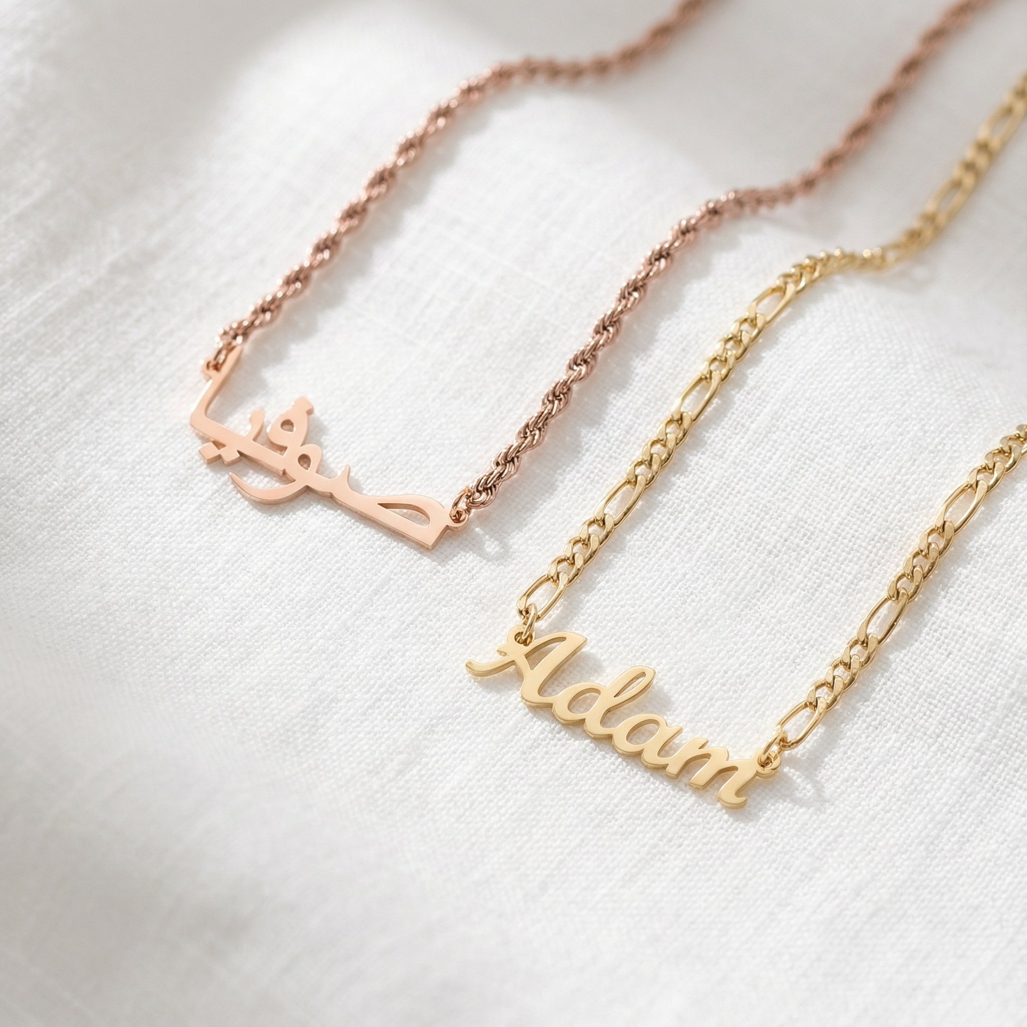 Custom Name Necklace | 3mm Figaro, Curb & Rope Chain – Thaheb
